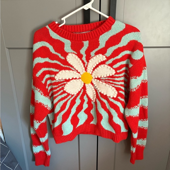 Zara | Sweaters | Zara Red And Cream Sweater With Floral Pattern | Poshmark